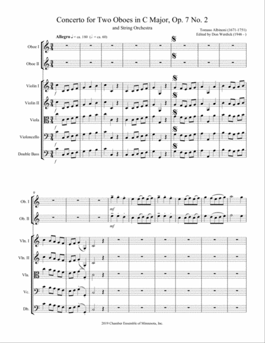 Concerto For Two Oboes In C Major Op 7 No 2 And String Orchestra
