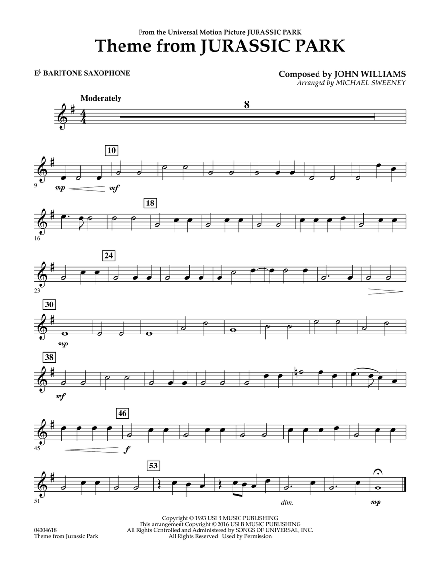 Theme From Jurassic Park Eb Baritone Saxophone By Michael Sweeney