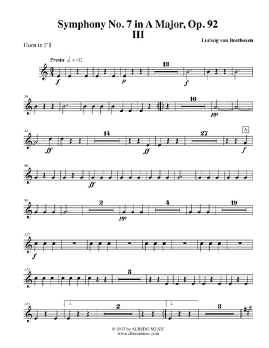 Beethoven Symphony No. 7, Movement III - Horn in F 1 (Transposed Part ...