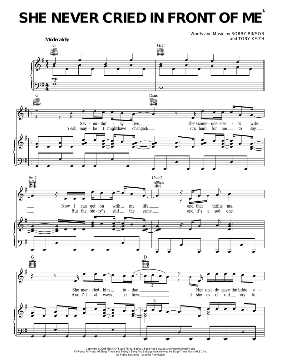 She Never Cried In Front Of Me By Toby Keith Piano Vocal Guitar