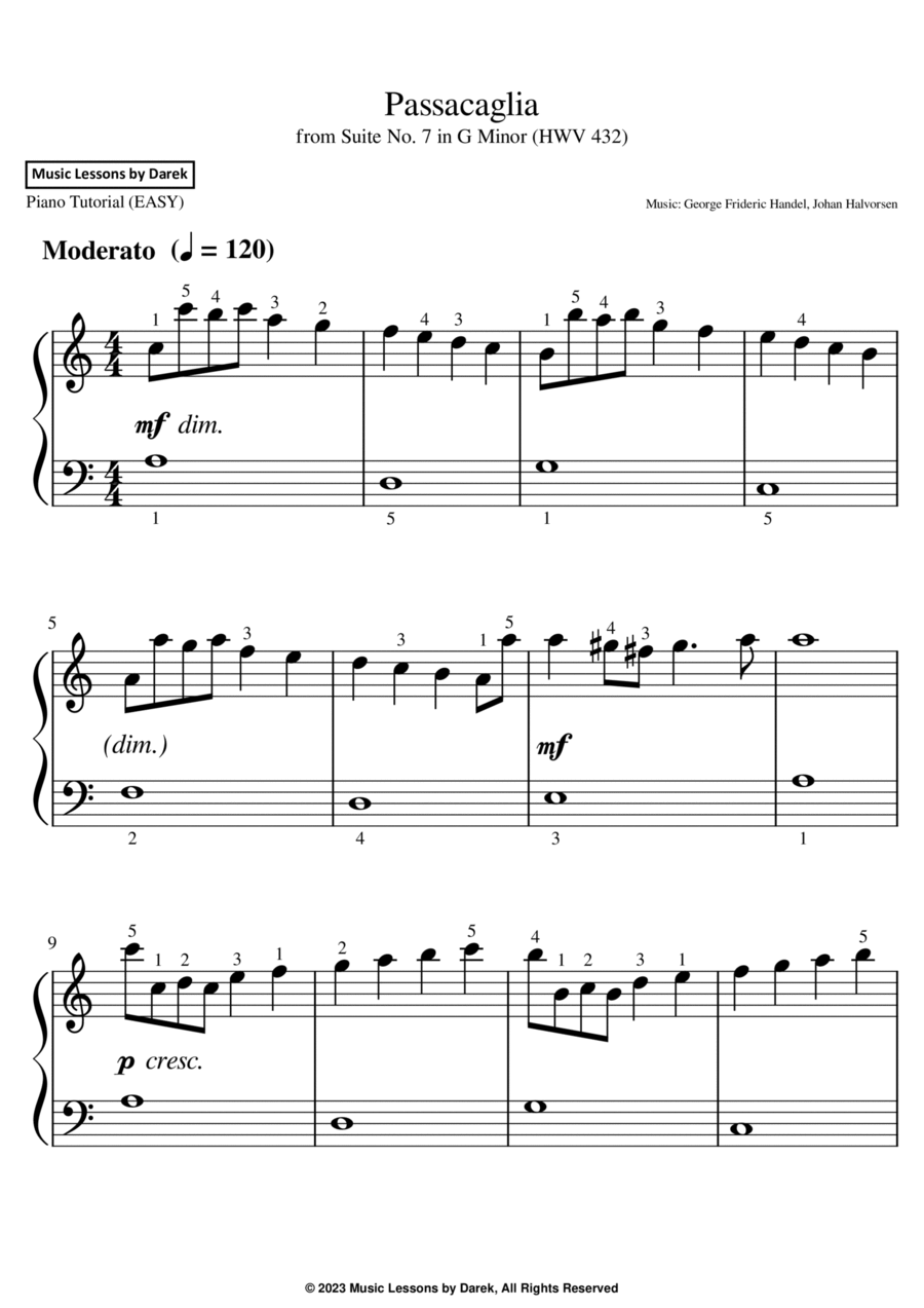 Passacaglia Easy Piano From Suite No 7 In G Minor Hwv 432 George