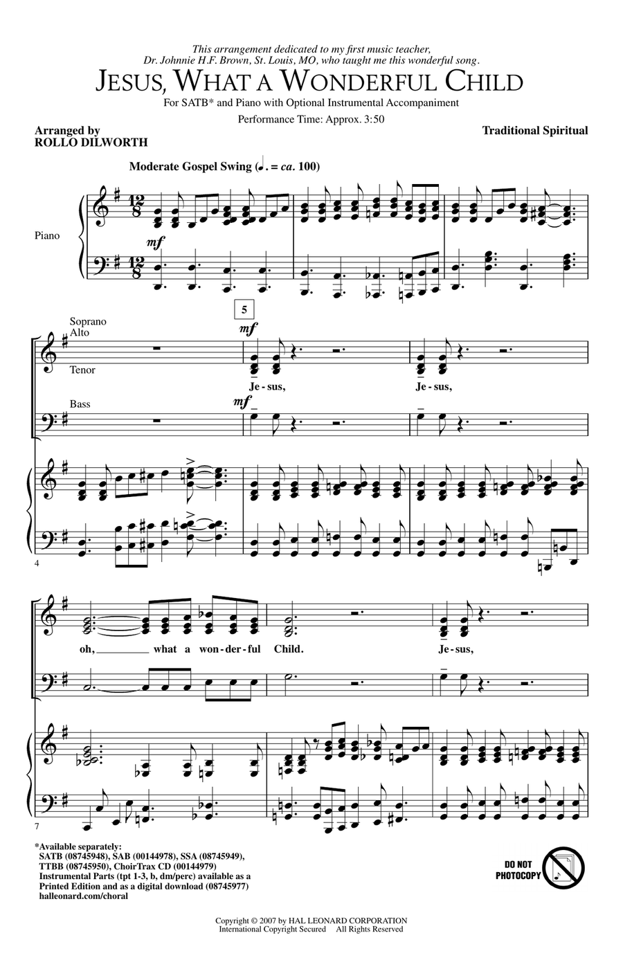 Jesus, What A Wonderful Child by Rollo Dilworth - 4-Part - Digital ...