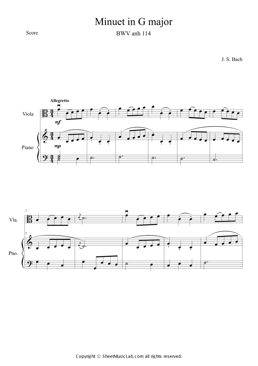 Minuet In G Major Bwv Anh 114 In C By Johann Sebastian Bach Viola