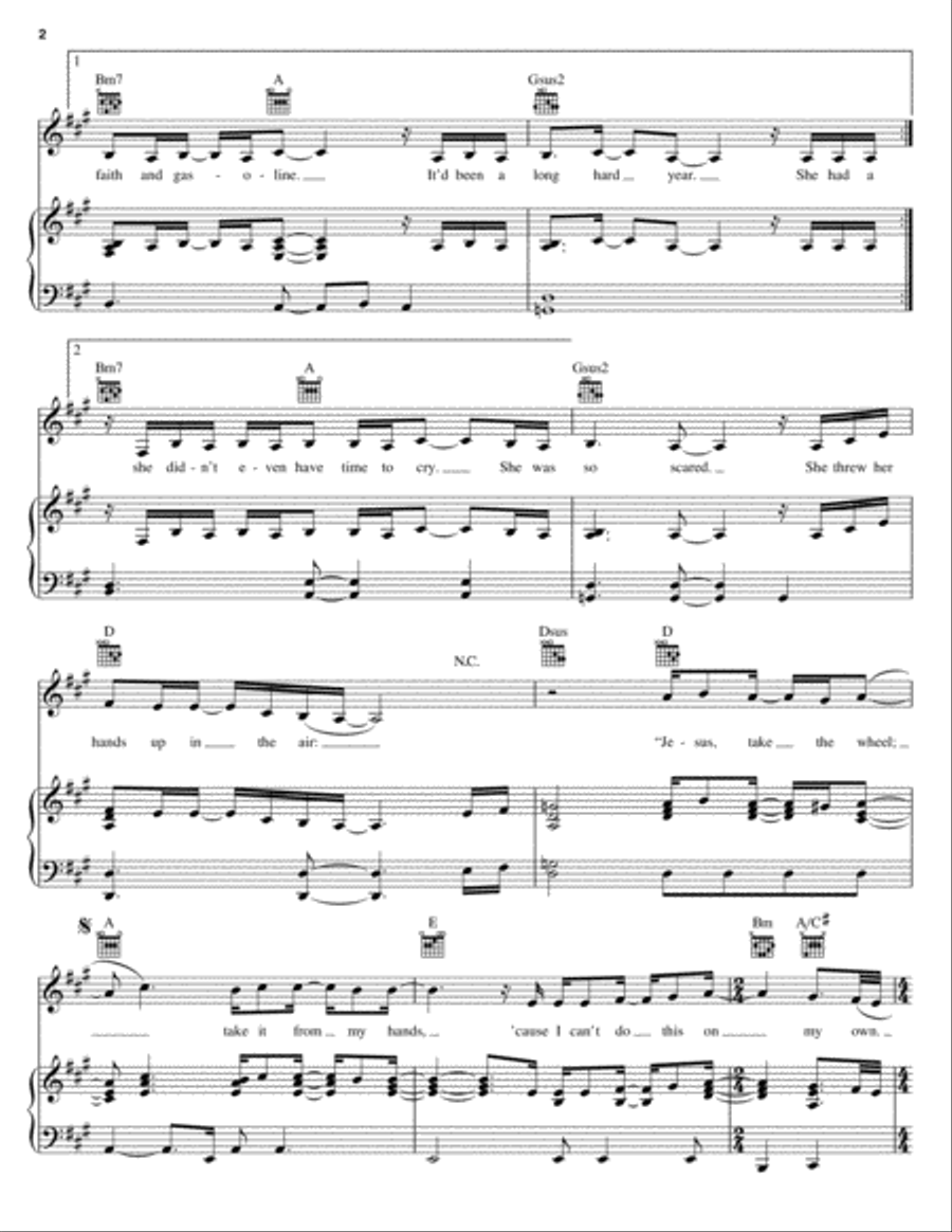 Jesus Take The Wheel By Carrie Underwood Piano Vocal Guitar