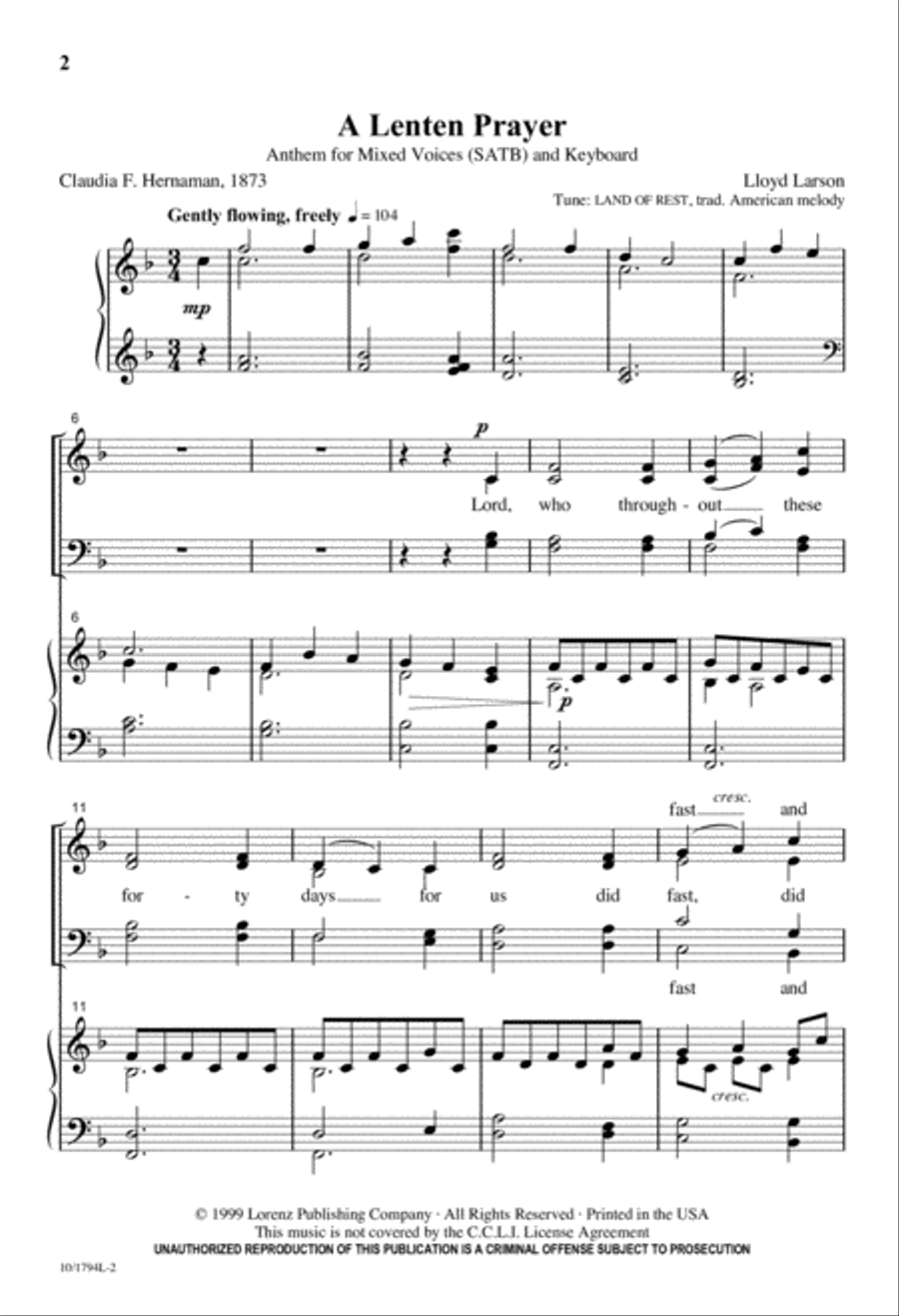A Lenten Prayer by Lloyd Larson - 4-Part - Digital Sheet Music | Sheet ...