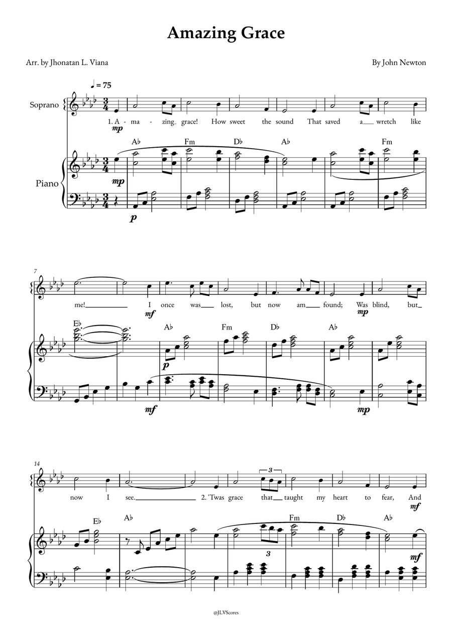 Amazing Grace by John Newton - Voice, Piano, Vocal, Easy Piano ...