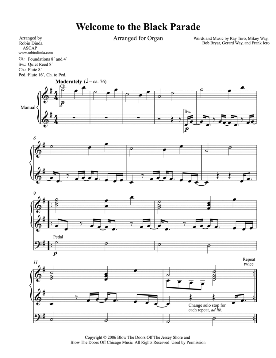 Welcome To The Black Parade by Robin Dinda - Organ Solo - Digital Sheet ...