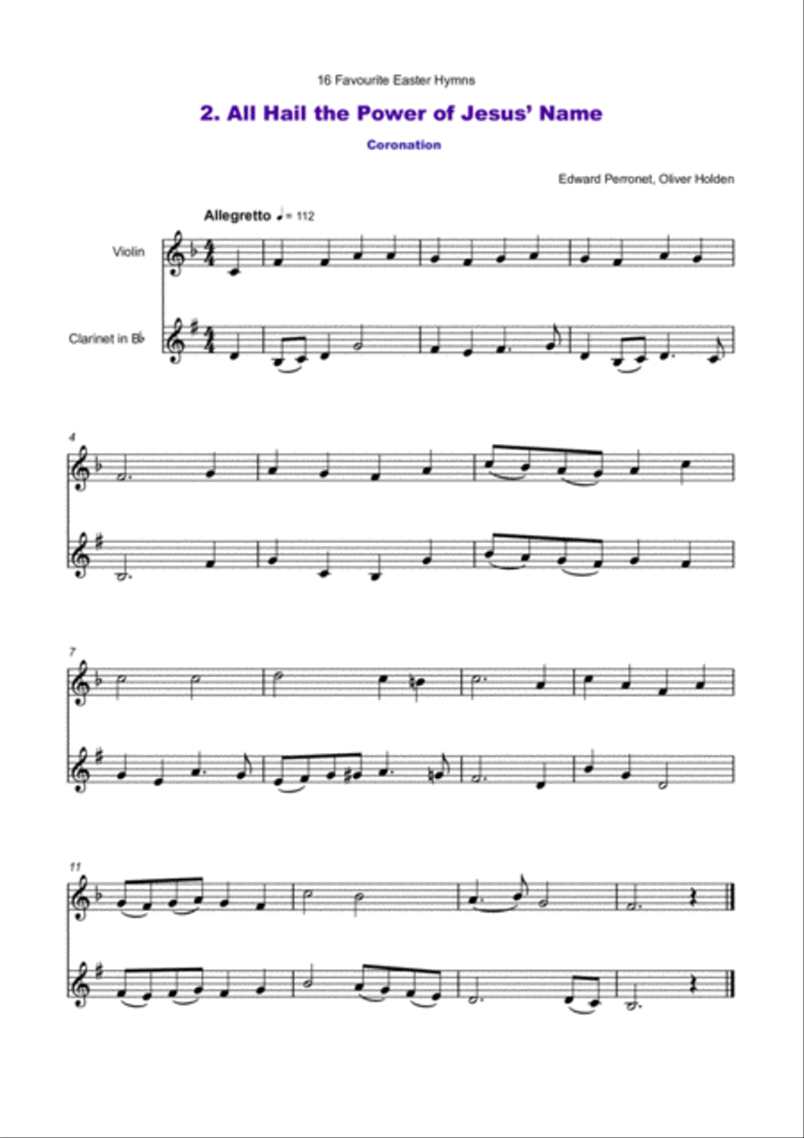 16 Favourite Easter Hymns For Violin And Clarinet Duet By Various