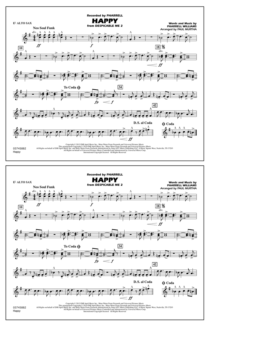 Happy (from Despicable Me 2) - Eb Alto Sax by Pharrell - Marching Band ...