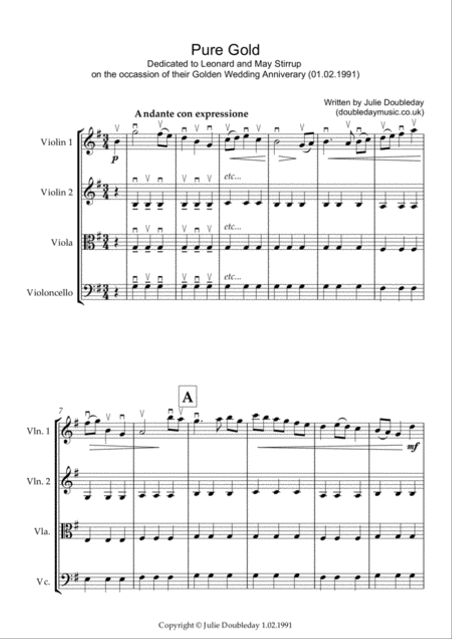 Pure Gold for String Quartet - Score and Parts - Cello, Viola, Violin ...