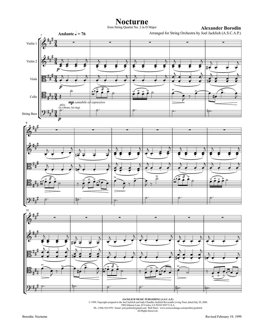 Nocturne from Borodin's String Quartet No. 2 arranged for String ...