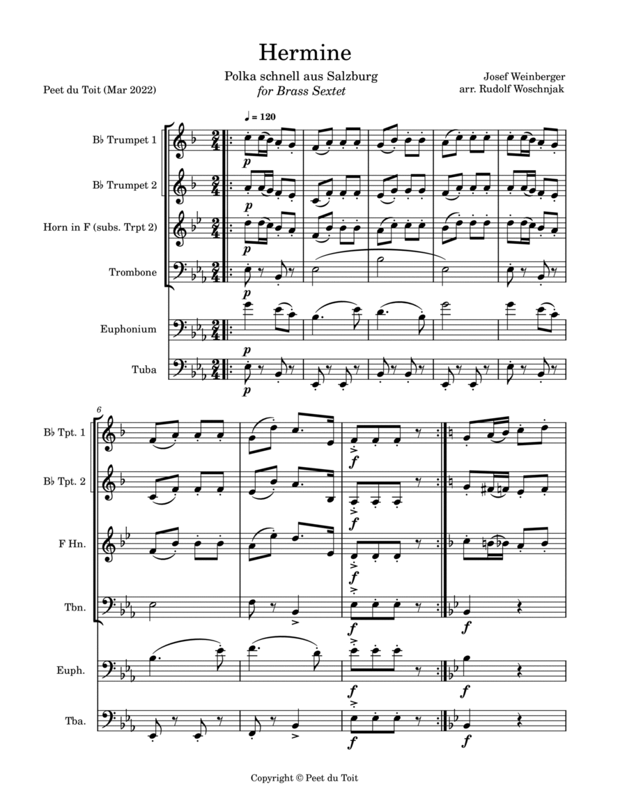 Hermine Josef Weinberger Arr R Woschnjak Brass Sextet Euphonium