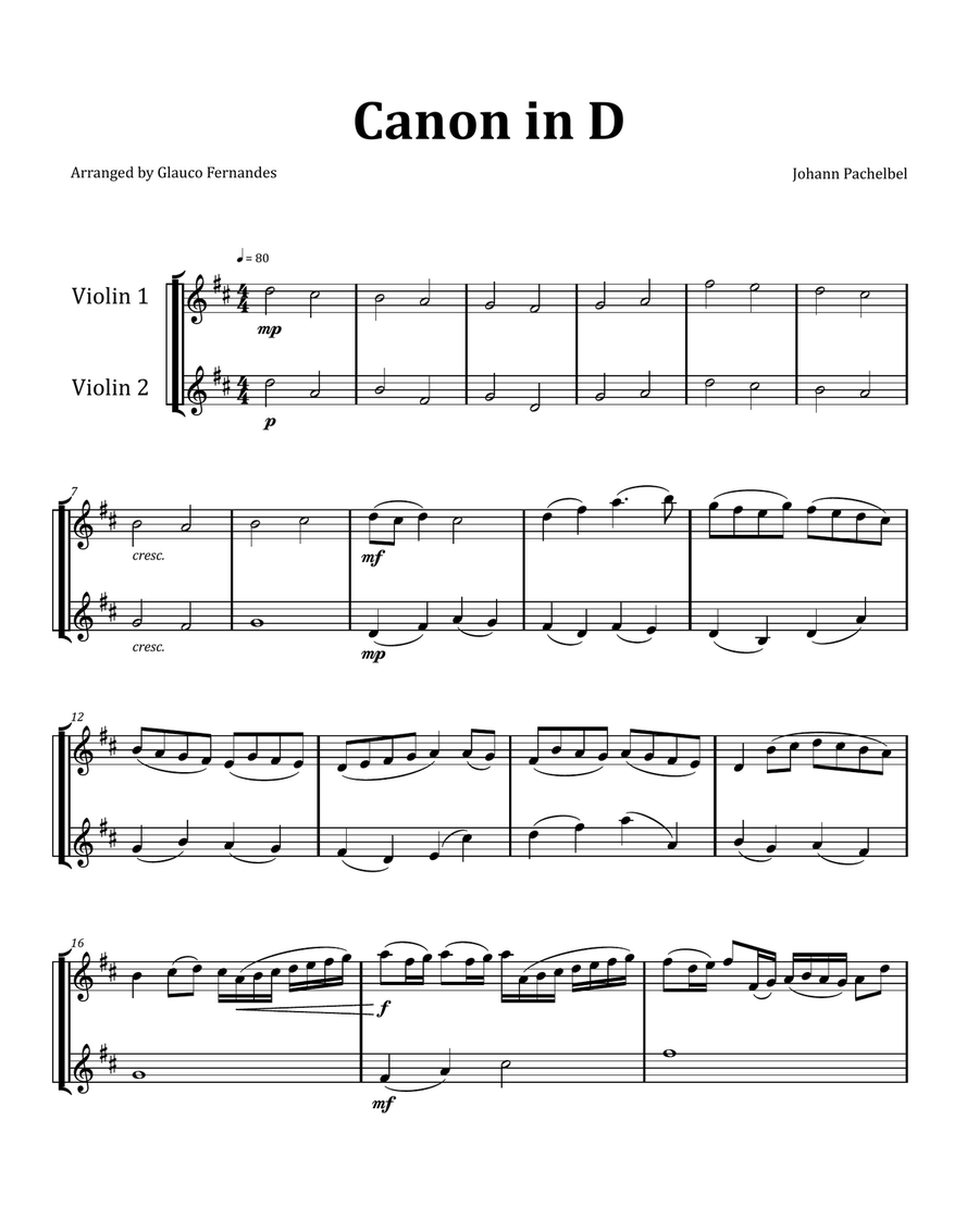 Canon by Pachelbel - Violin Duet by Johann Pachelbel - Violin, String Duet - Intermediate ...