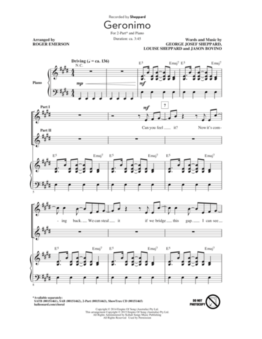 Geronimo by Sheppard - Choir, Voice - Digital Sheet Music | Sheet Music ...