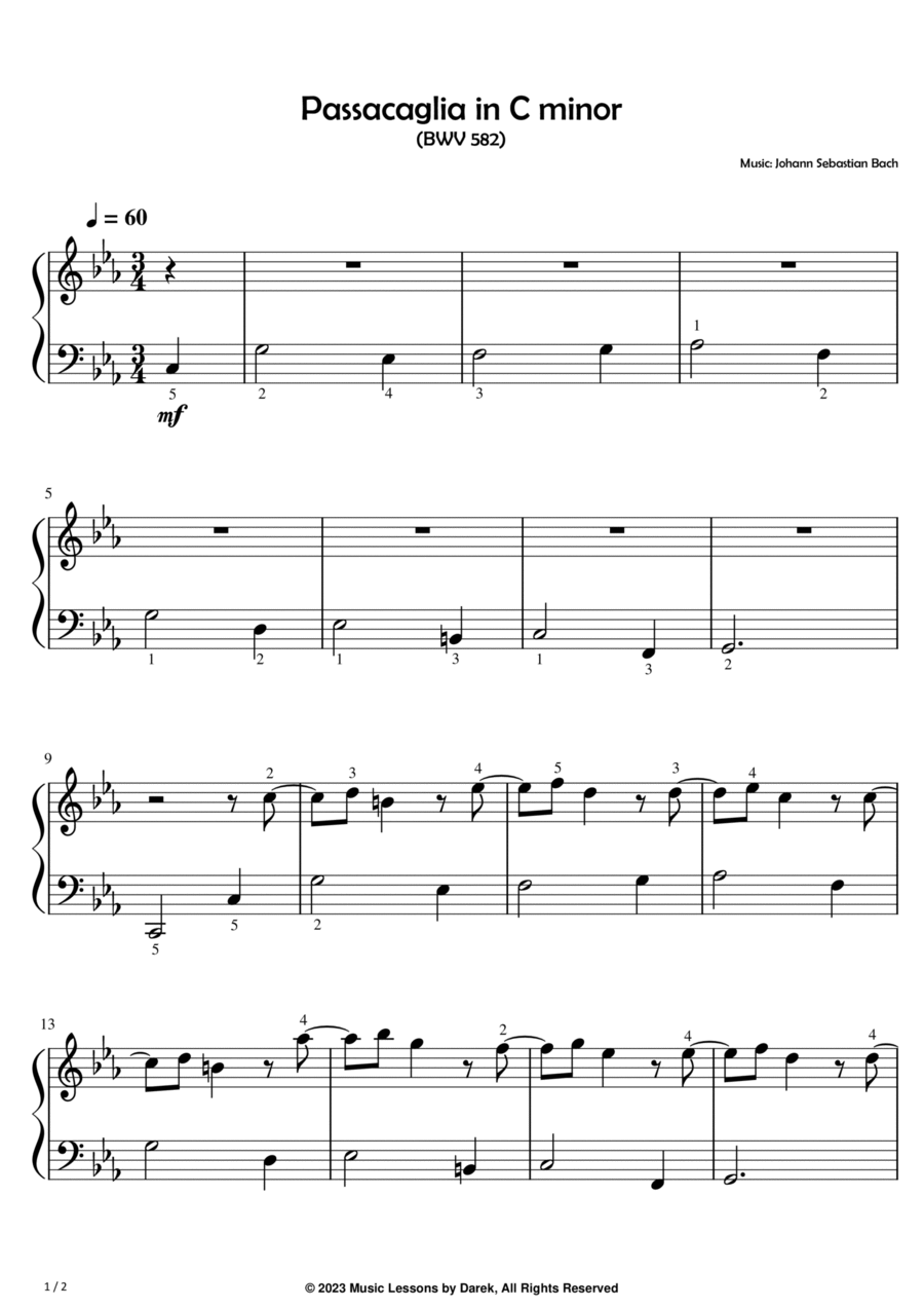 Passacaglia In C Minor Easy Piano Bwv 582 Johann Sebastian Bach