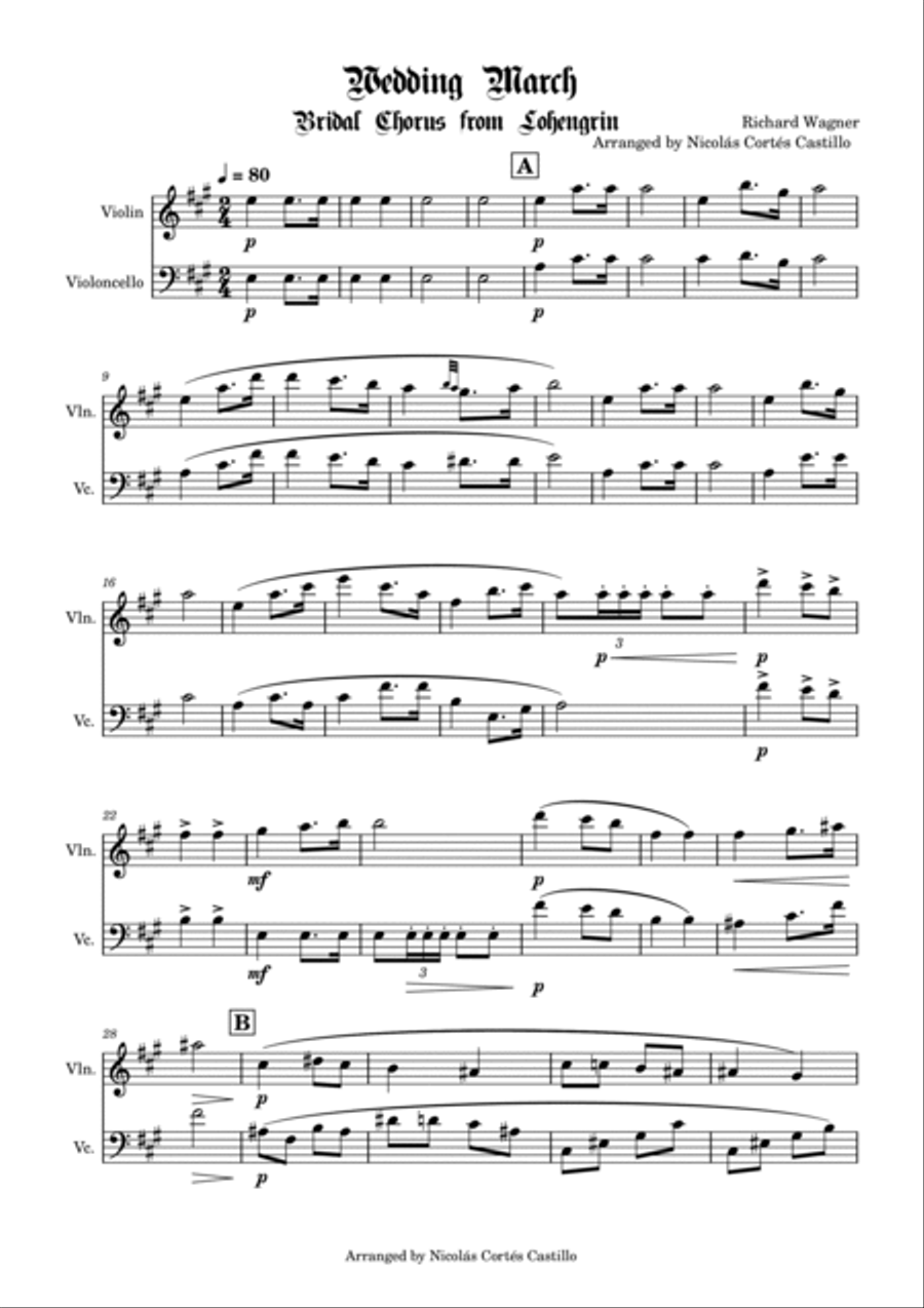 Richard Wagner Bridal Chorus Wedding March For String Duet Violin