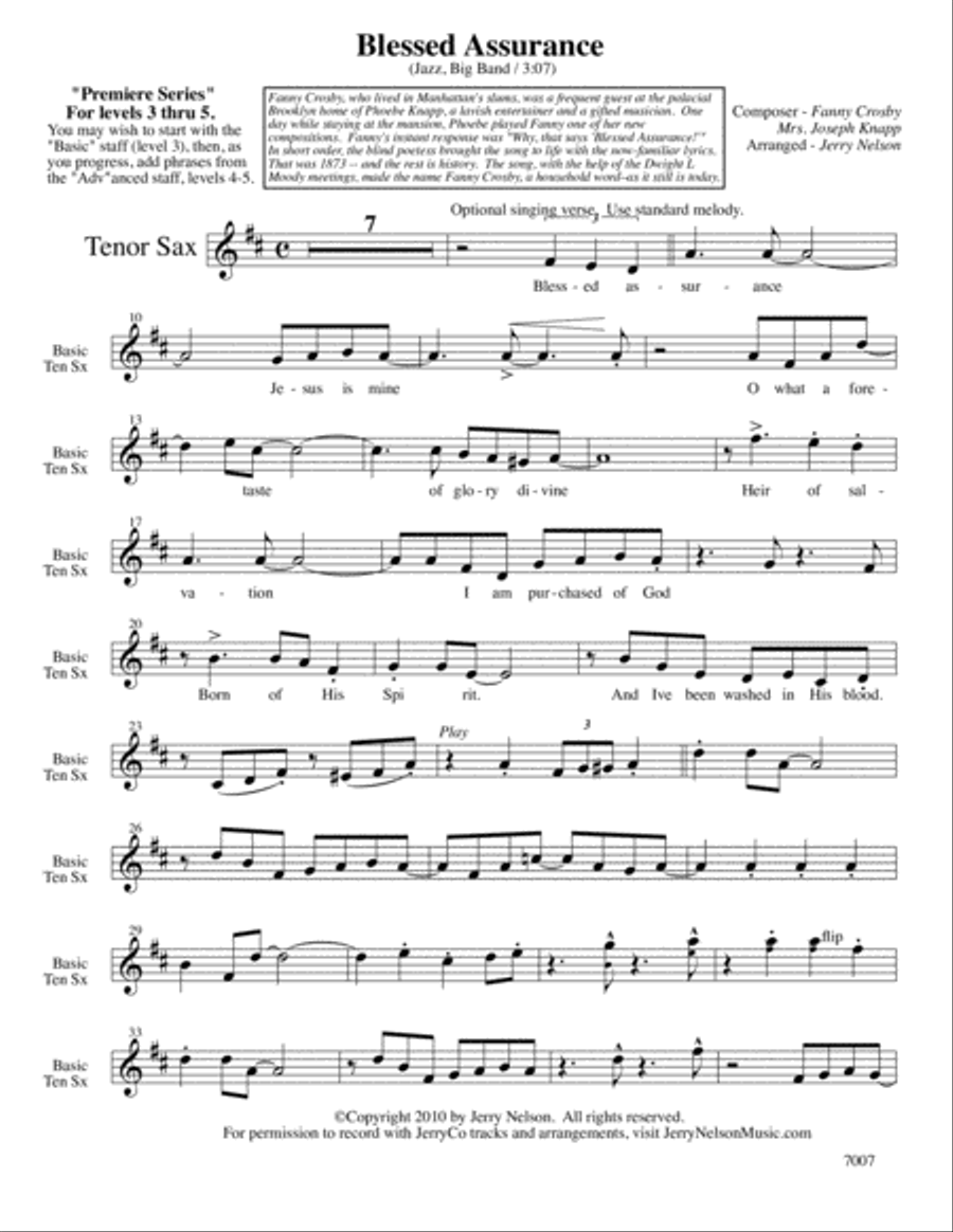 Blessed Assurance Arrangements Level 3 5 For Tenor Sax Written