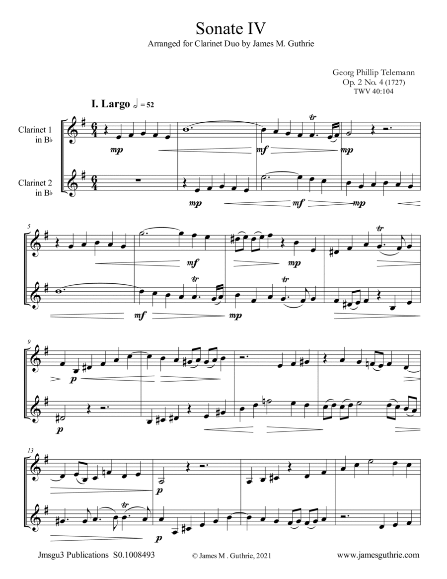 Telemann: Sonata Op. 2 No. 4 for Clarinet Duo by James M. Guthrie ...