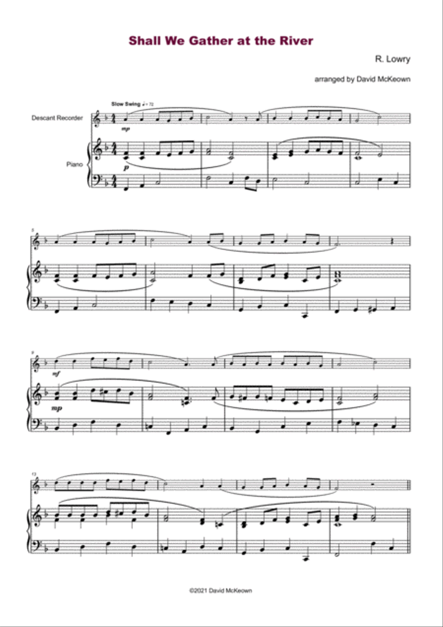 Shall We Gather at the River, Gospel Song for Descant Recorder and ...