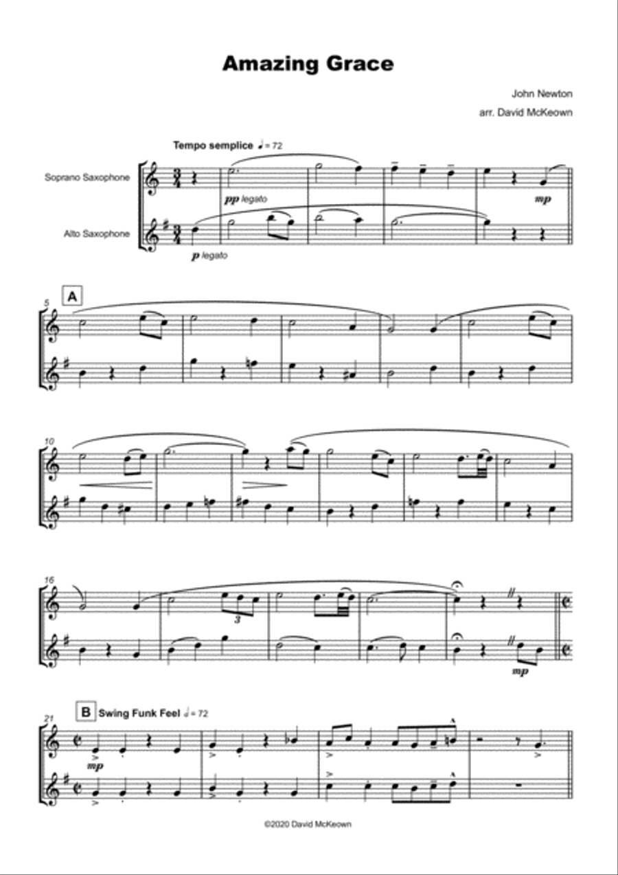 Amazing Grace Gospel Style For Soprano And Alto Saxophone Duet By John