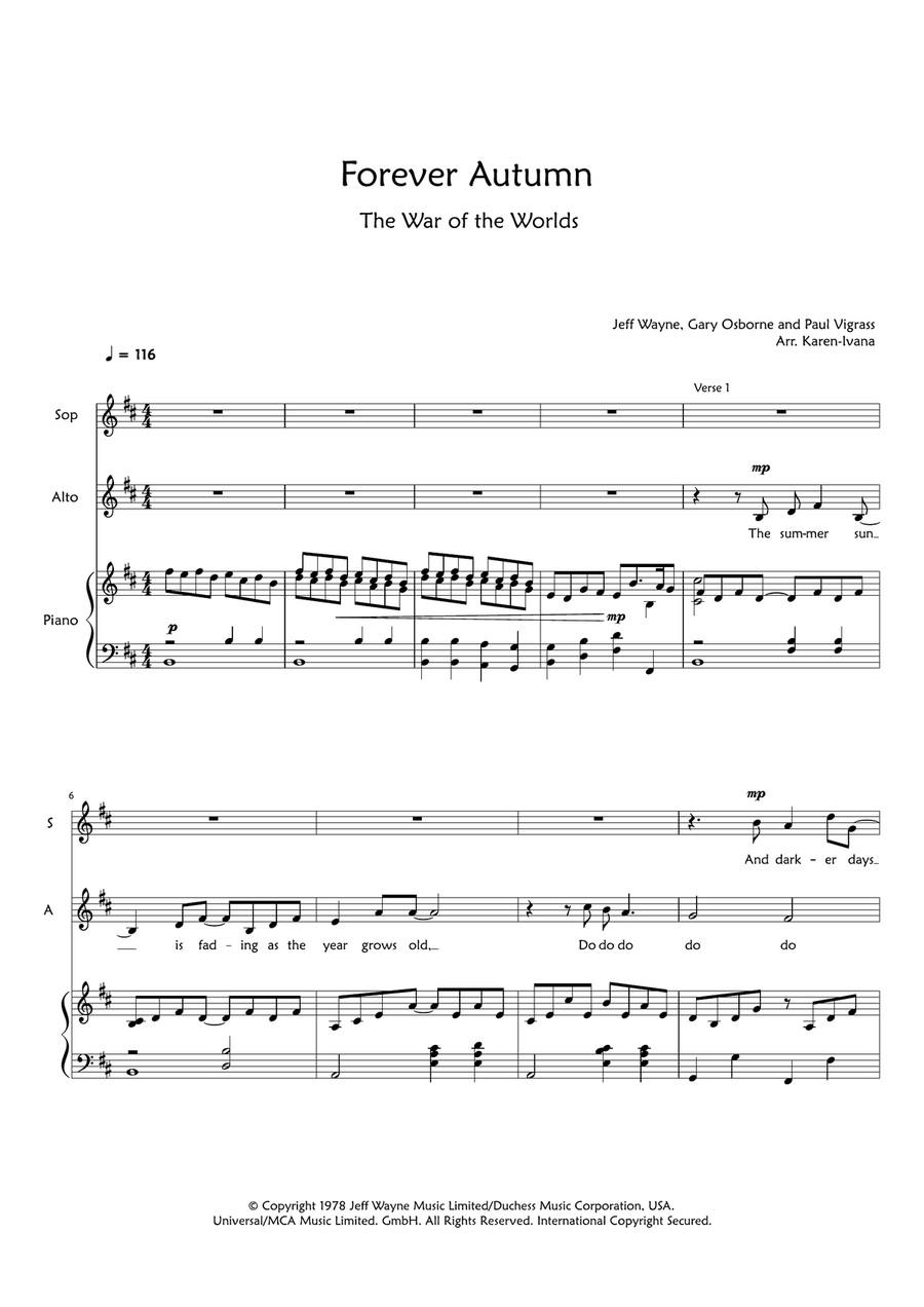 Forever Autumn by The Moody Blues - SA - Digital Sheet Music | Sheet ...