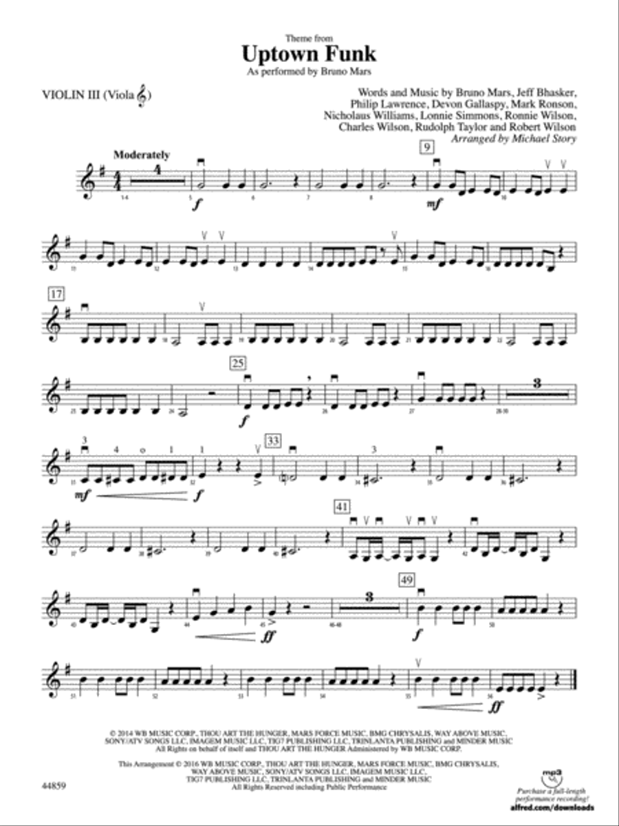 Uptown Funk, Theme from: 3rd Violin (Viola [TC]) by Bruno Mars - String ...