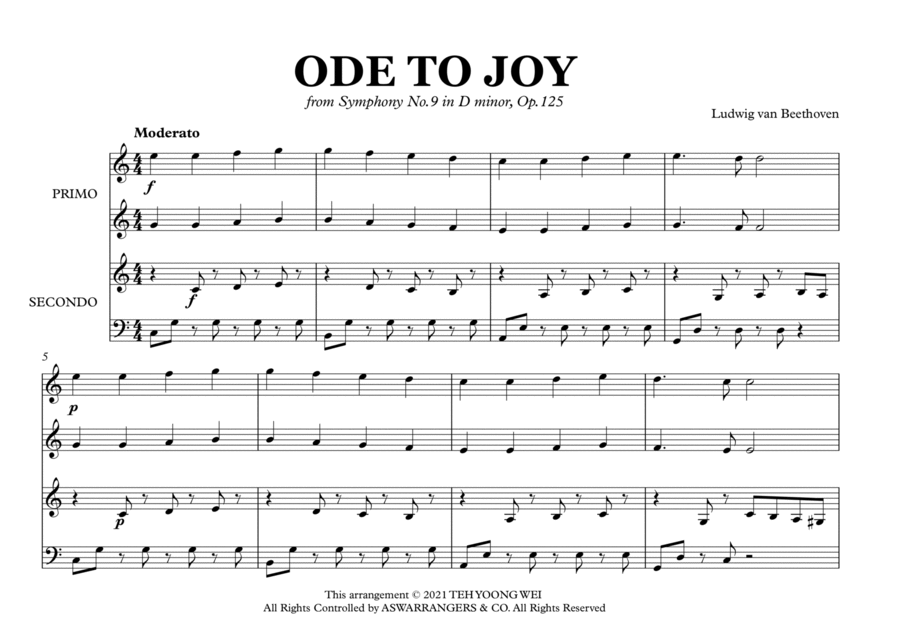 Ode to Joy - easy piano four hands arrangement by Ludwig van Beethoven ...
