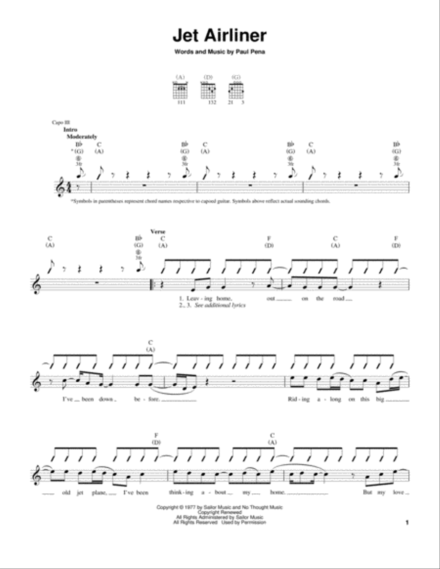 Jet Airliner by The Steve Miller Band - Electric Guitar - Digital Sheet ...