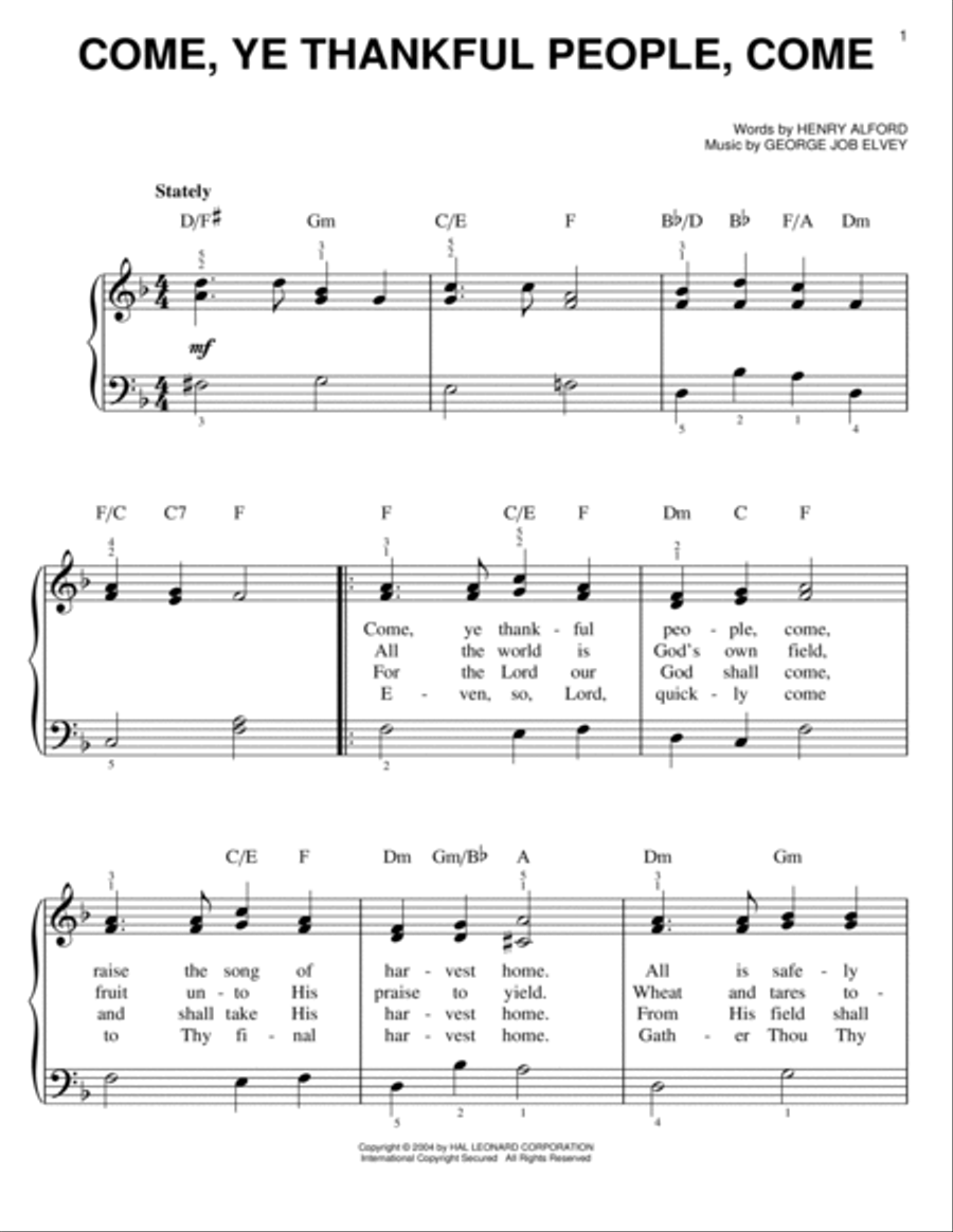 Come, Ye Thankful People, Come by George Job Elvey - Easy Piano ...
