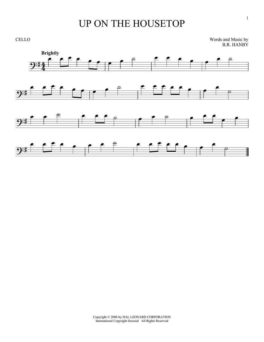 Up On The Housetop By Benjamin R Hanby Cello Solo Digital Sheet