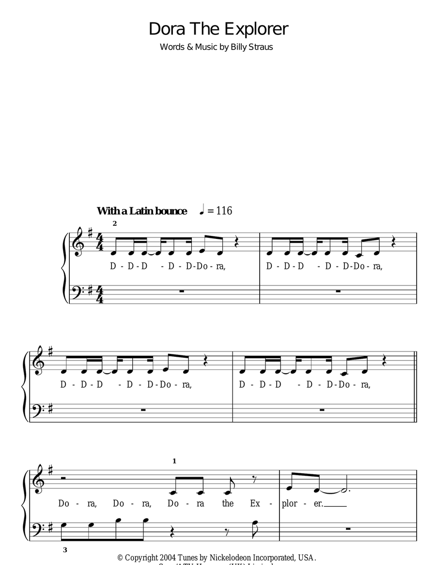 Dora The Explorer Theme - Easy Piano - Digital Sheet Music | Sheet ...