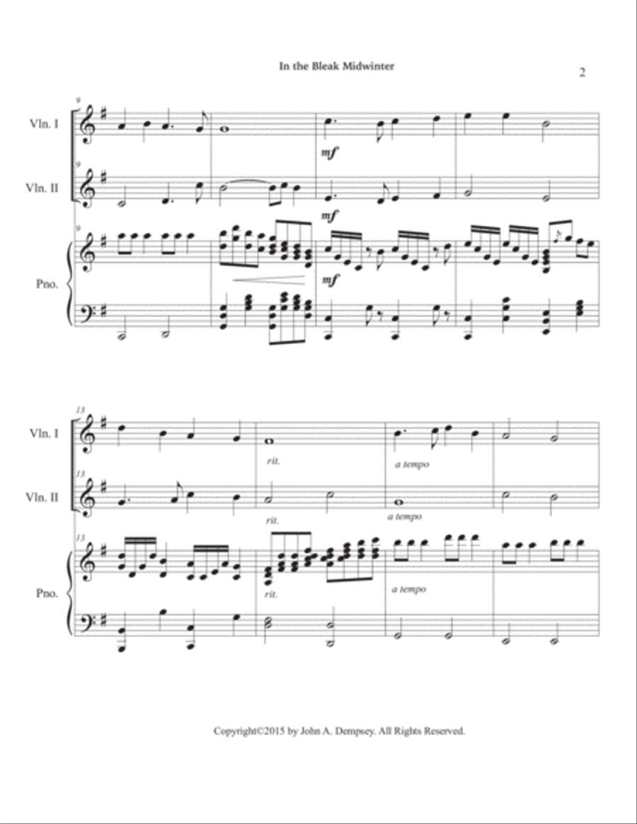 In The Bleak Midwinter Trio For Two Violins And Piano By Gustav Holst