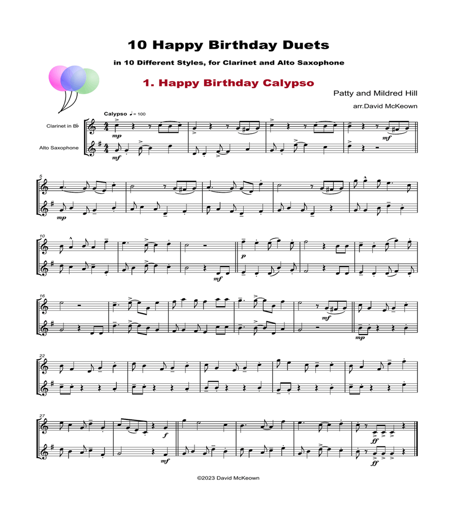 10 Happy Birthday Duets In 10 Different Styles For Clarinet And