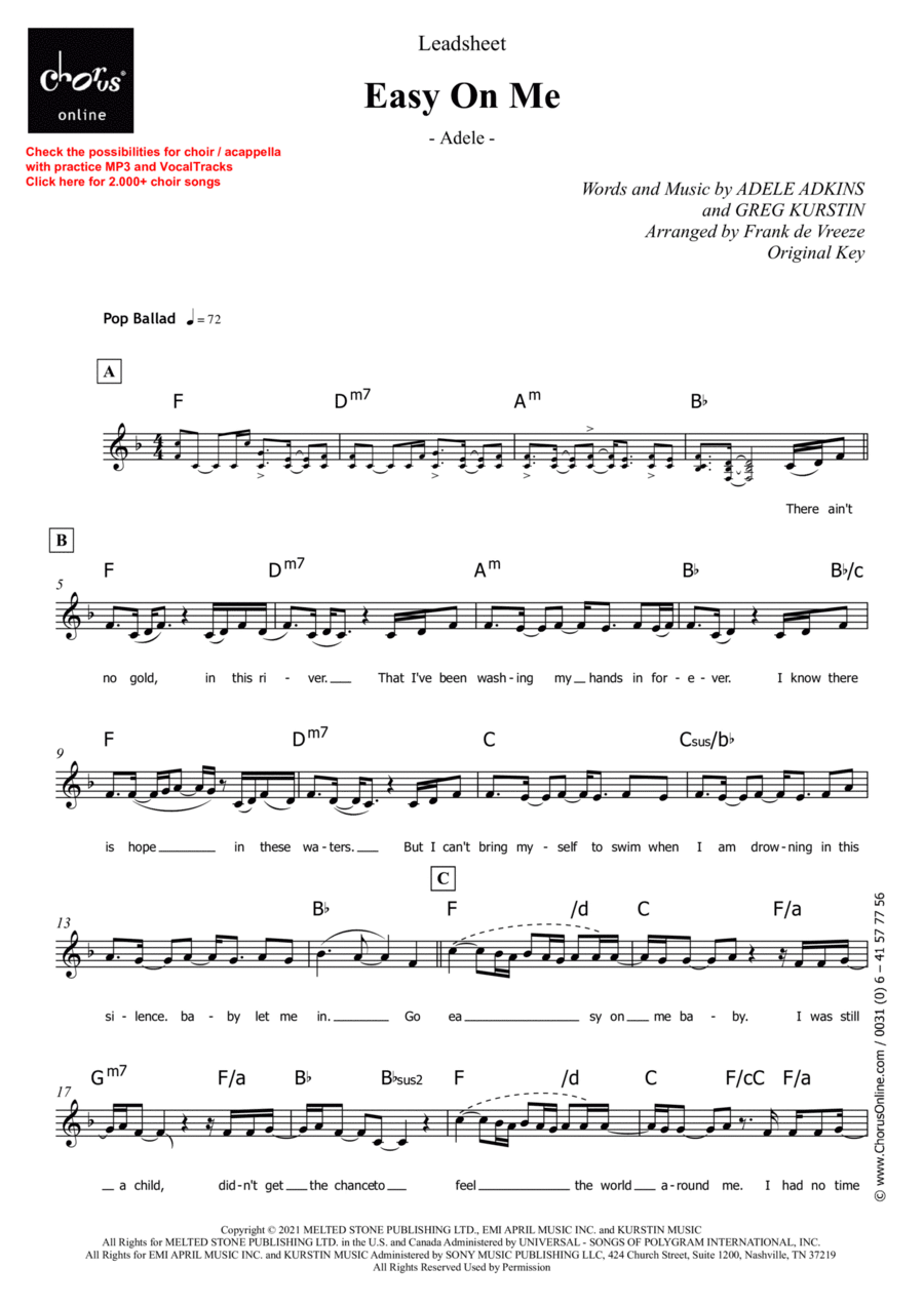 Easy On Me by Adele - Unison Choir - Digital Sheet Music | Sheet Music Plus