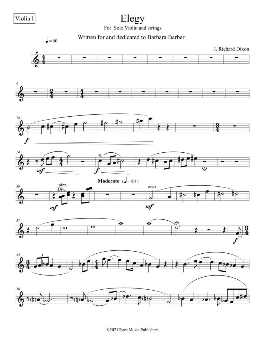 Elegy For Solo Violin And String Orchestra 1 Violin Part String