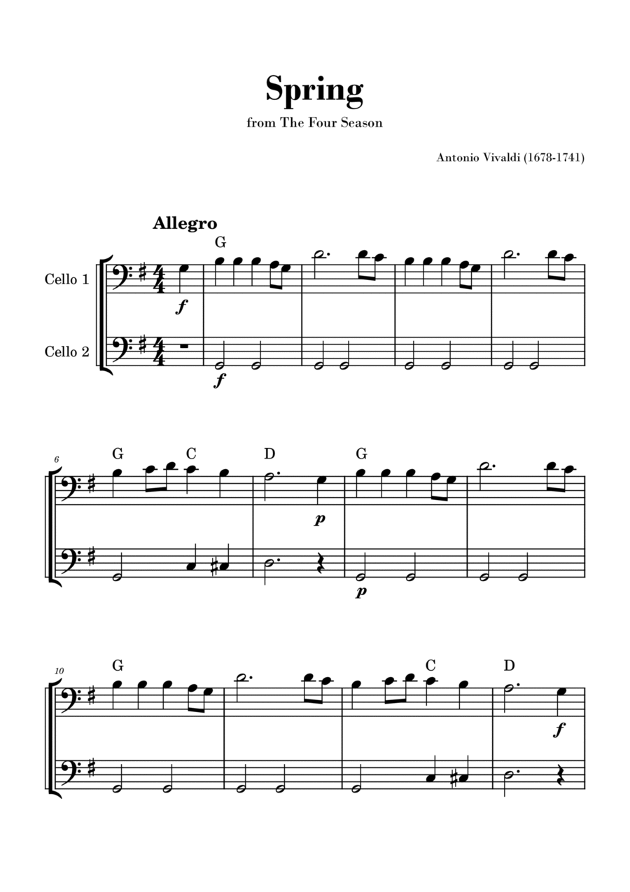 Spring from 'The Four Seasons' by Vivaldi - Easy Cello Duet with Chords ...