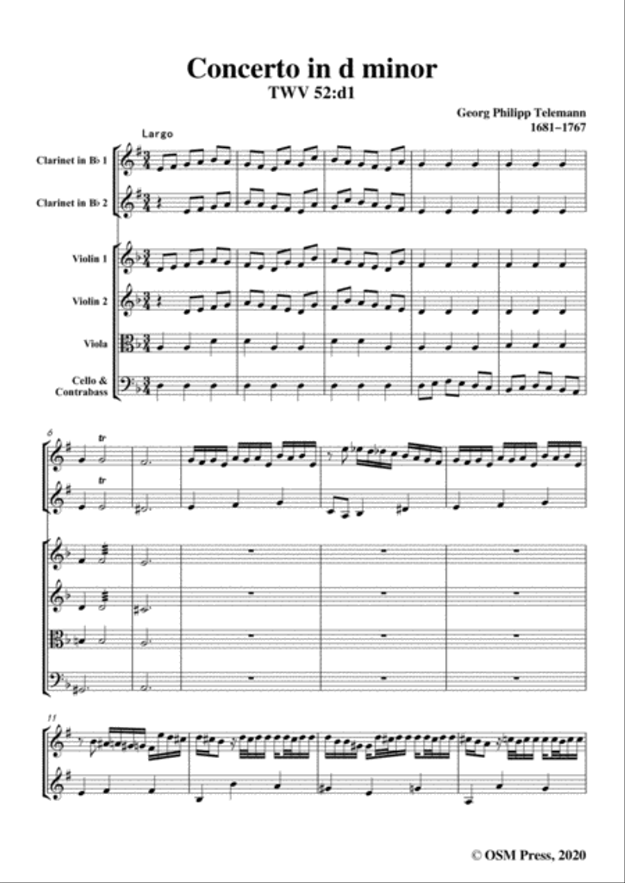 Telemann-Concerto in d minor,TWV 52-d1,for 2 Clarinets and Strings by ...