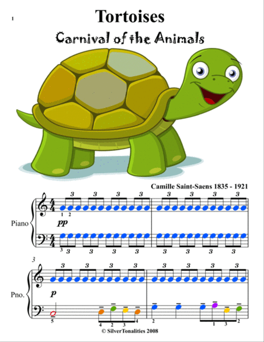 Tortoises Carnival of the Animals Easy Piano Sheet Music with Colored ...