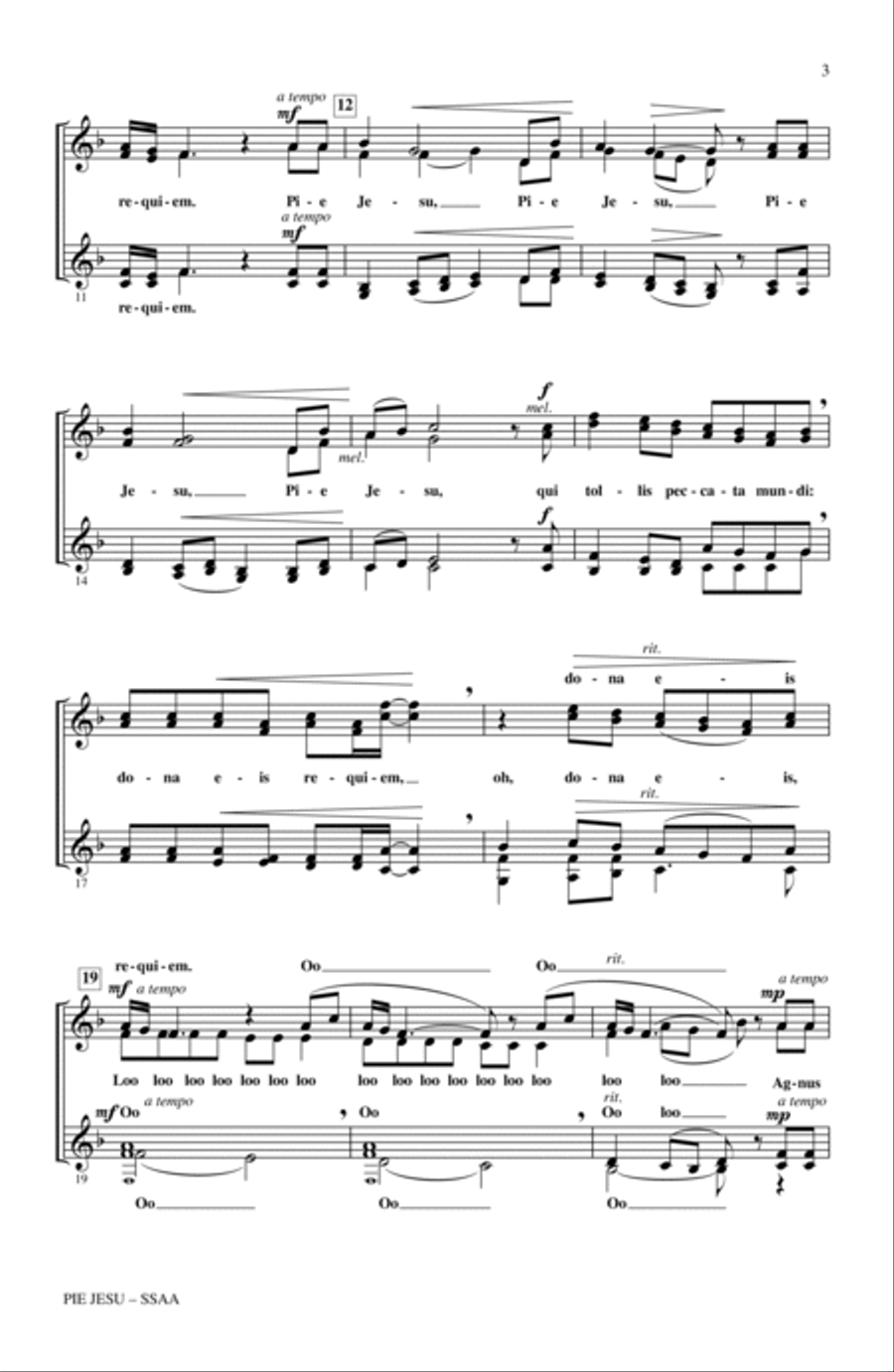 Pie Jesu From Requiem By Andrew Lloyd Webber Ssa Digital Sheet