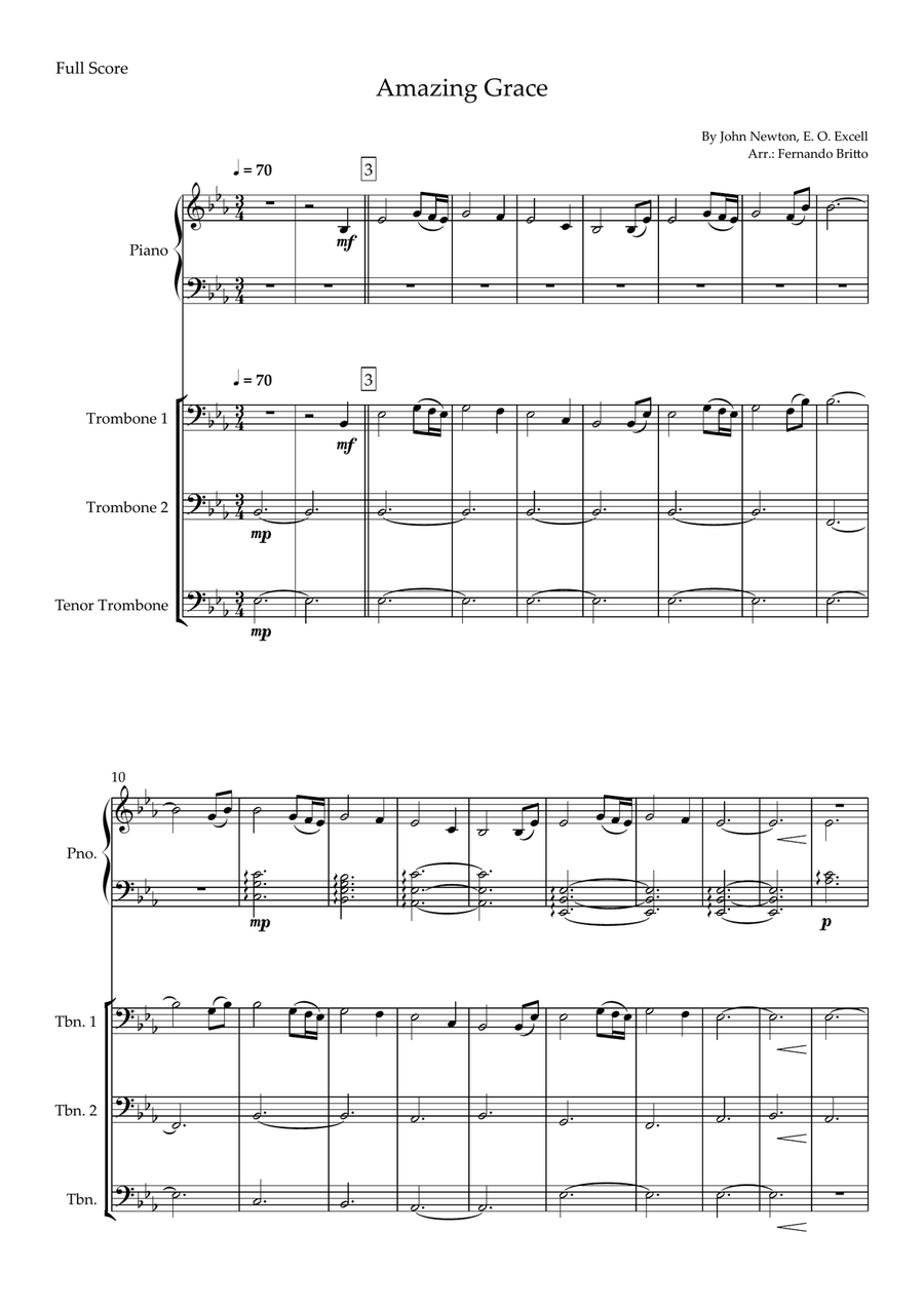 Amazing Grace (John Newton, E. O. Excell) for Trombone Trio and Piano ...