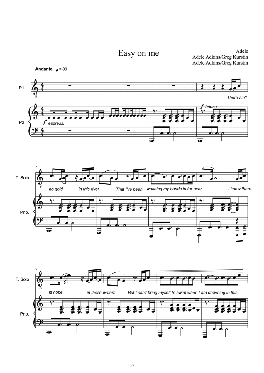 Easy On Me by Adele - Voice, Piano, Vocal - Digital Sheet Music | Sheet ...