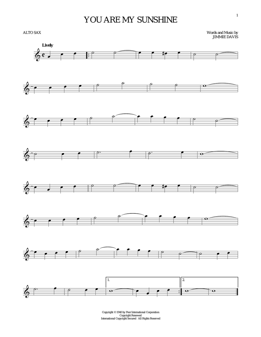 You Are My Sunshine by Jimmie Davis - Alto Saxophone - Digital Sheet ...