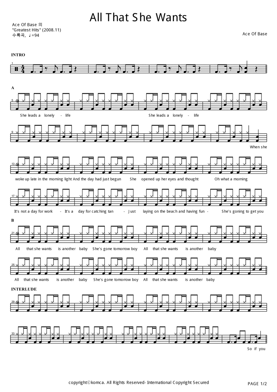 All That She Wants by Ace of Base - Drum Set - Digital Sheet Music ...