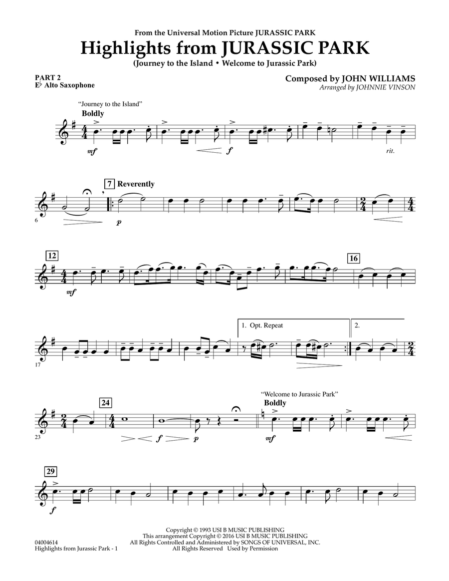 Highlights From Jurassic Park Pt2 Eb Alto Saxophone By John