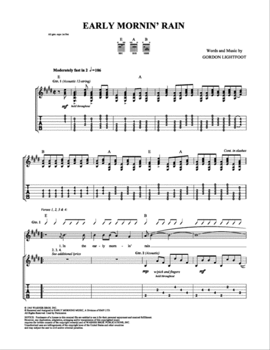 Early Mornin Rain By Gordon Lightfoot Guitar Tablature Digital