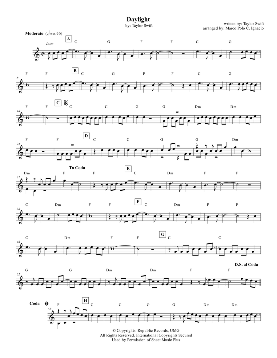 Daylight by Taylor Swift - Piano - Digital Sheet Music | Sheet Music Plus