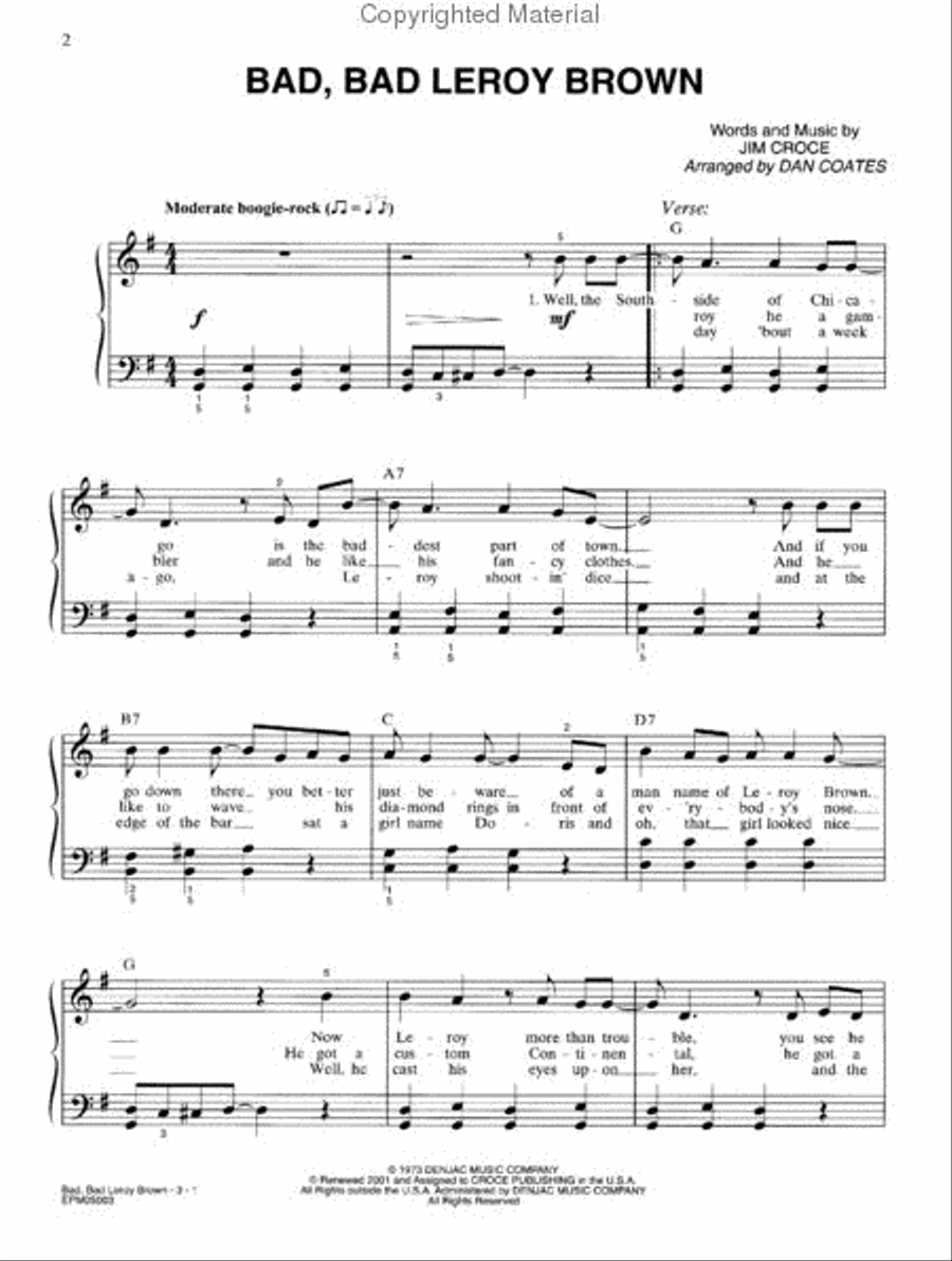Bad, Bad Leroy Brown - Easy Piano by Jim Croce - Easy Piano - Sheet ...