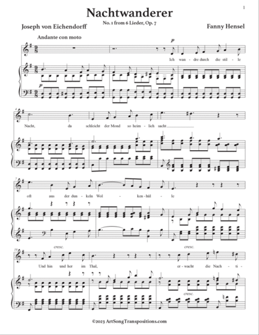 Hensel Nachtwanderer Op 7 No 1 Transposed To G Major By Fanny