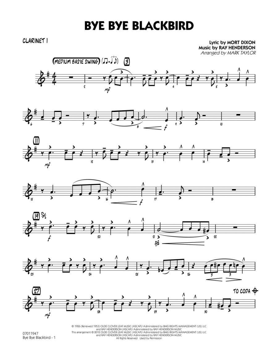 Bye Bye Blackbird - Bb Clarinet 1 by Mort Dixon - Jazz Ensemble ...