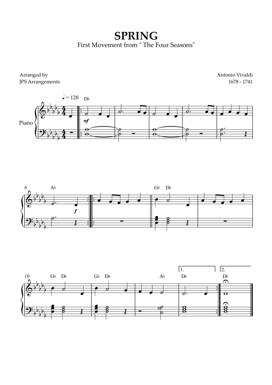 Spring - The Four Seasons for Easy Piano (Db Major with chords) by ...